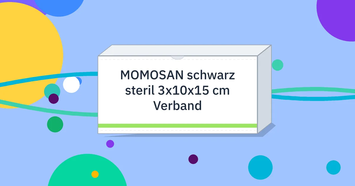 Symbolbild: Packung mit der Aufschrift MOMOSAN schwarz steril 3x10x15 cm Verband (PZN 01651828) – Verfügbarkeit und Bezug in Apotheken in Frankfurt am Main