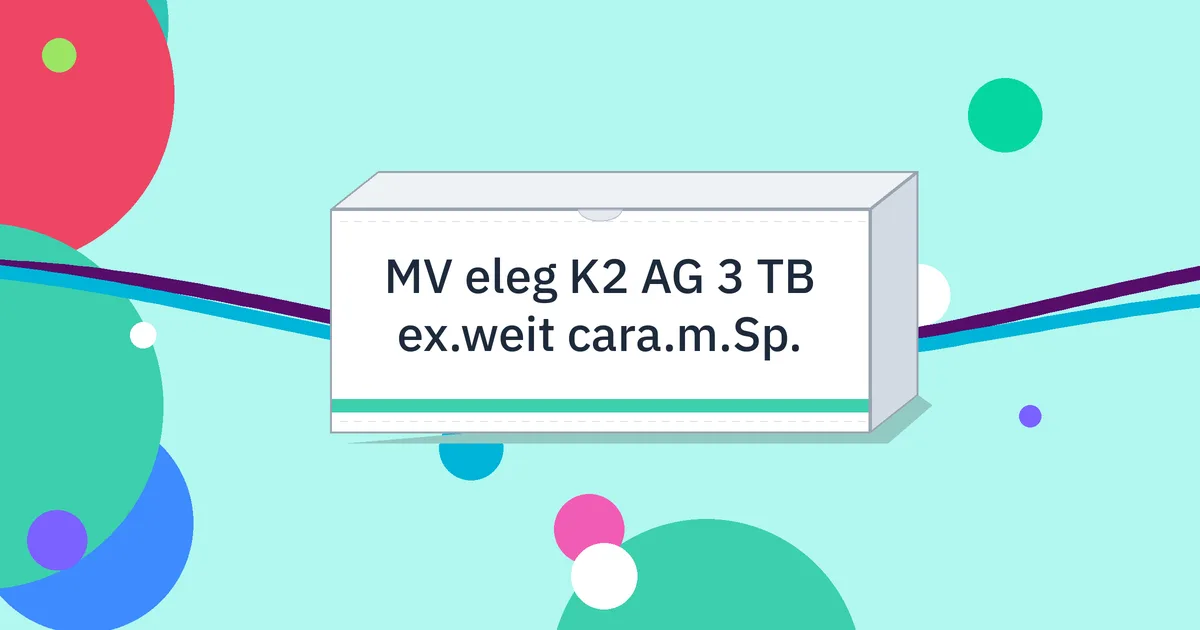 Symbolbild: Packung mit der Aufschrift MV eleg K2 AG 3 TB ex.weit cara.m.Sp. (PZN 09877443) – Verfügbarkeit und Bezug in Apotheken in Frankfurt am Main