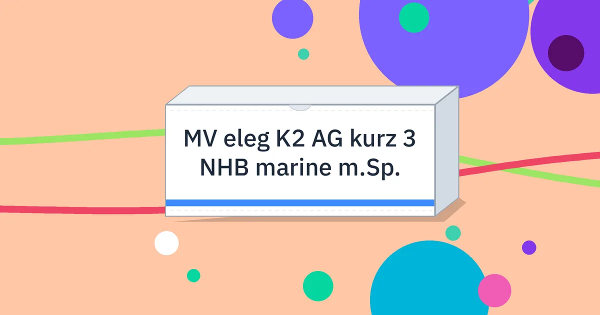 Symbolbild: Packung mit der Aufschrift MV eleg K2 AG kurz 3 NHB marine m.Sp. (PZN 15717117) – Verfügbarkeit und Bezug in Apotheken in Frankfurt am Main