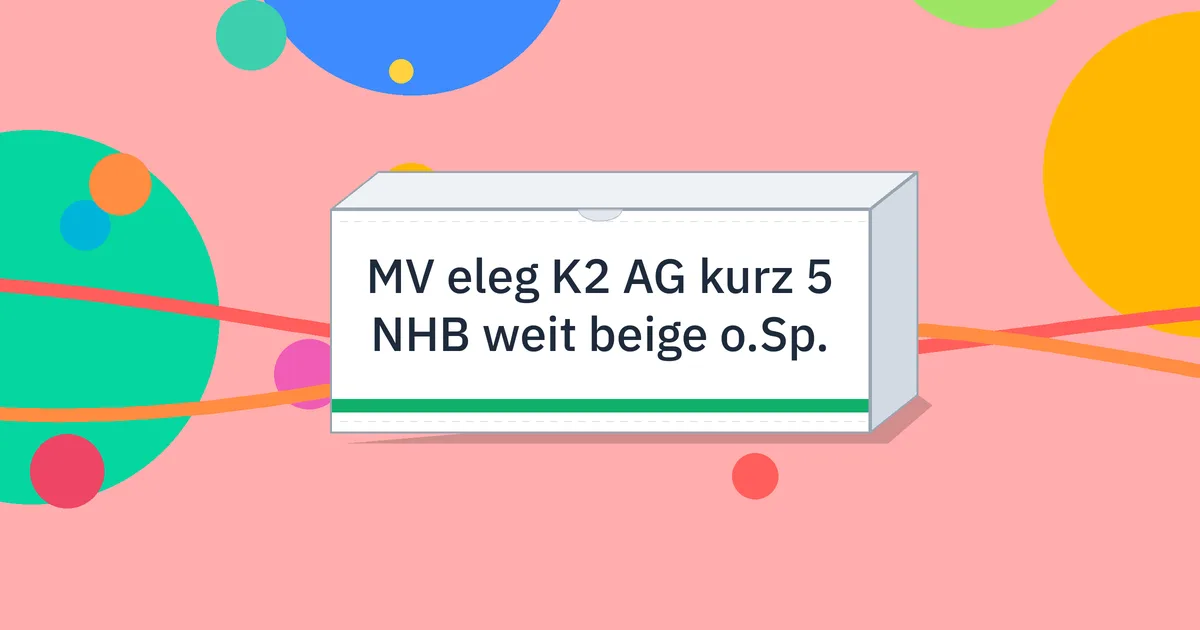 Symbolbild: Packung mit der Aufschrift MV eleg K2 AG kurz 5 NHB weit beige o.Sp. (PZN 15715041) – Verfügbarkeit und Bezug in Apotheken in Frankfurt am Main