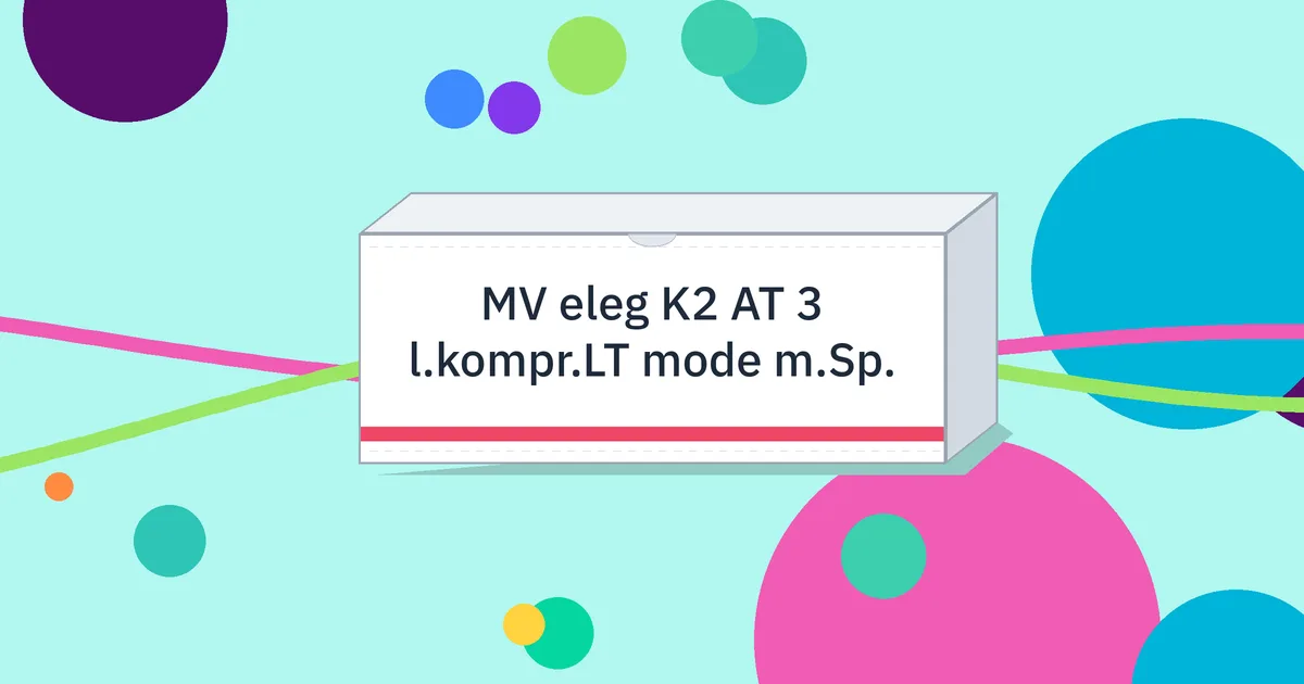 Symbolbild: Packung mit der Aufschrift MV eleg K2 AT 3 l.kompr.LT mode m.Sp. (PZN 06189524) – Verfügbarkeit und Bezug in Apotheken in Frankfurt am Main