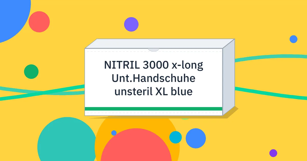 Symbolbild: Packung mit der Aufschrift NITRIL 3000 x-long Unt.Handschuhe unsteril XL blue (PZN 00400834) – Verfügbarkeit und Bezug in Apotheken in Frankfurt am Main
