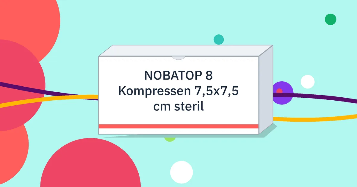 Symbolbild: Packung mit der Aufschrift NOBATOP 8 Kompressen 7,5x7,5 cm steril (PZN 15205908) – Verfügbarkeit und Bezug in Apotheken in Frankfurt am Main