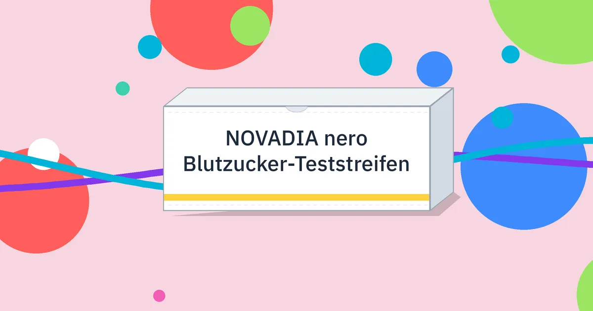 Symbolbild: Packung mit der Aufschrift NOVADIA nero Blutzucker-Teststreifen (PZN 18087361) – Verfügbarkeit und Bezug in Apotheken in Frankfurt am Main