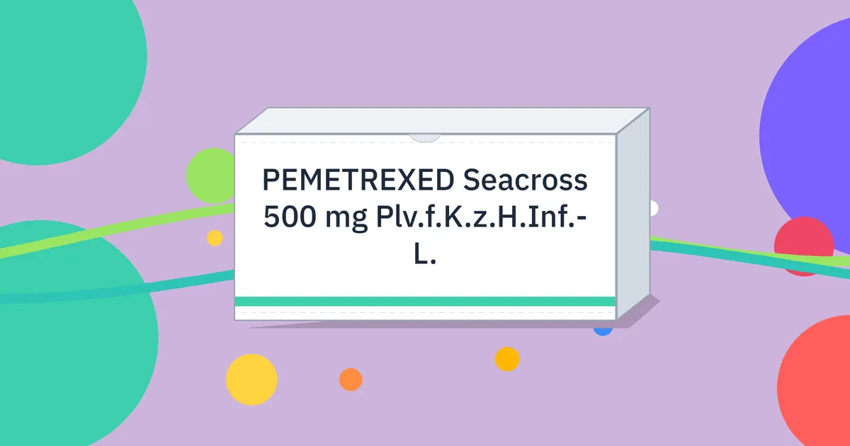 Symbolbild: Packung mit der Aufschrift PEMETREXED Seacross 500 mg Plv.f.K.z.H.Inf.-L. (PZN 16836485) – Verfügbarkeit und Bezug in Apotheken in Frankfurt am Main