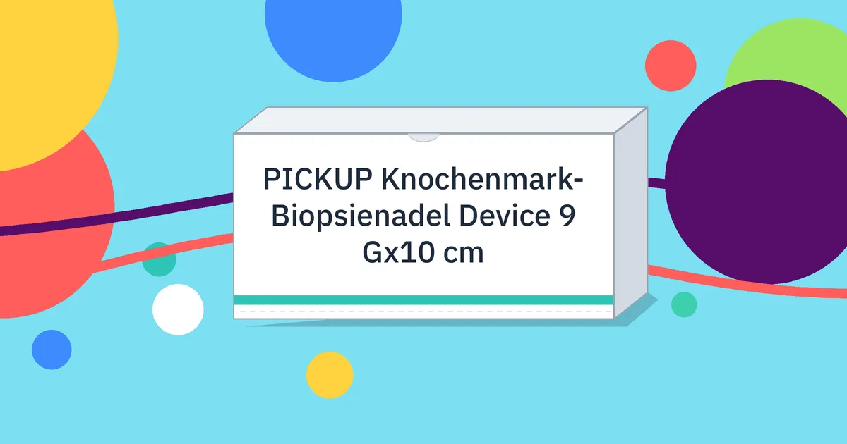 Symbolbild: Packung mit der Aufschrift PICKUP Knochenmark-Biopsienadel Device 9 Gx10 cm (PZN 16946802) – Verfügbarkeit und Bezug in Apotheken in Frankfurt am Main