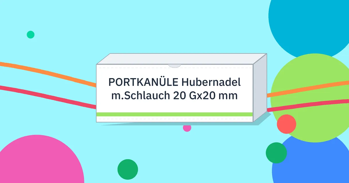 Symbolbild: Packung mit der Aufschrift PORTKANÜLE Hubernadel m.Schlauch 20 Gx20 mm (PZN 12497750) – Verfügbarkeit und Bezug in Apotheken in Frankfurt am Main