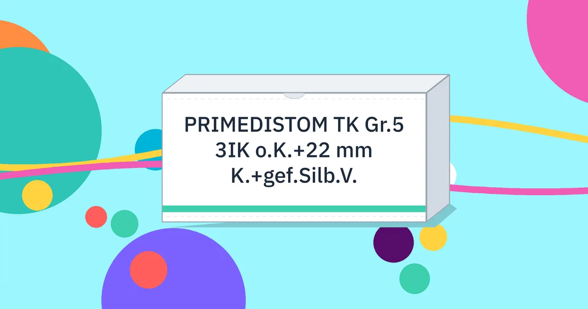 Symbolbild: Packung mit der Aufschrift PRIMEDISTOM TK Gr.5 3IK o.K.+22 mm K.+gef.Silb.V. (PZN 10262652) – Verfügbarkeit und Bezug in Apotheken in Frankfurt am Main