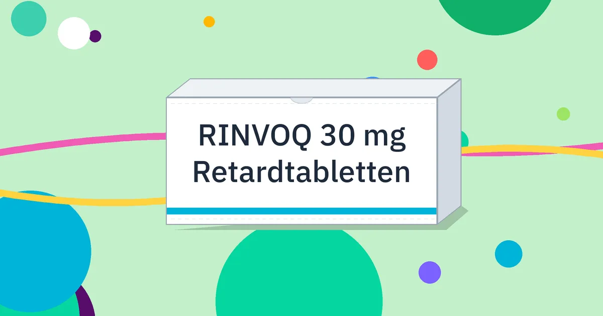 Symbolbild: Packung mit der Aufschrift RINVOQ 30 mg Retardtabletten (PZN 19971864) – Verfügbarkeit und Bezug in Apotheken in Frankfurt am Main