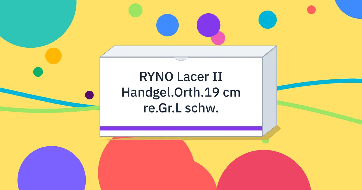 Symbolbild: Packung mit der Aufschrift RYNO Lacer II Handgel.Orth.19 cm re.Gr.L schw. (PZN 14048499) – Verfügbarkeit und Bezug in Apotheken in Frankfurt am Main