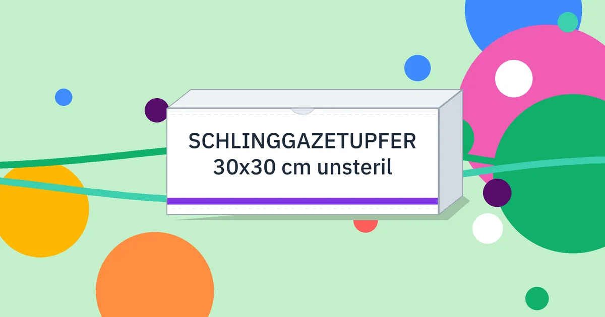 Symbolbild: Packung mit der Aufschrift SCHLINGGAZETUPFER 30x30 cm unsteril (PZN 08821647) – Verfügbarkeit und Bezug in Apotheken in Frankfurt am Main