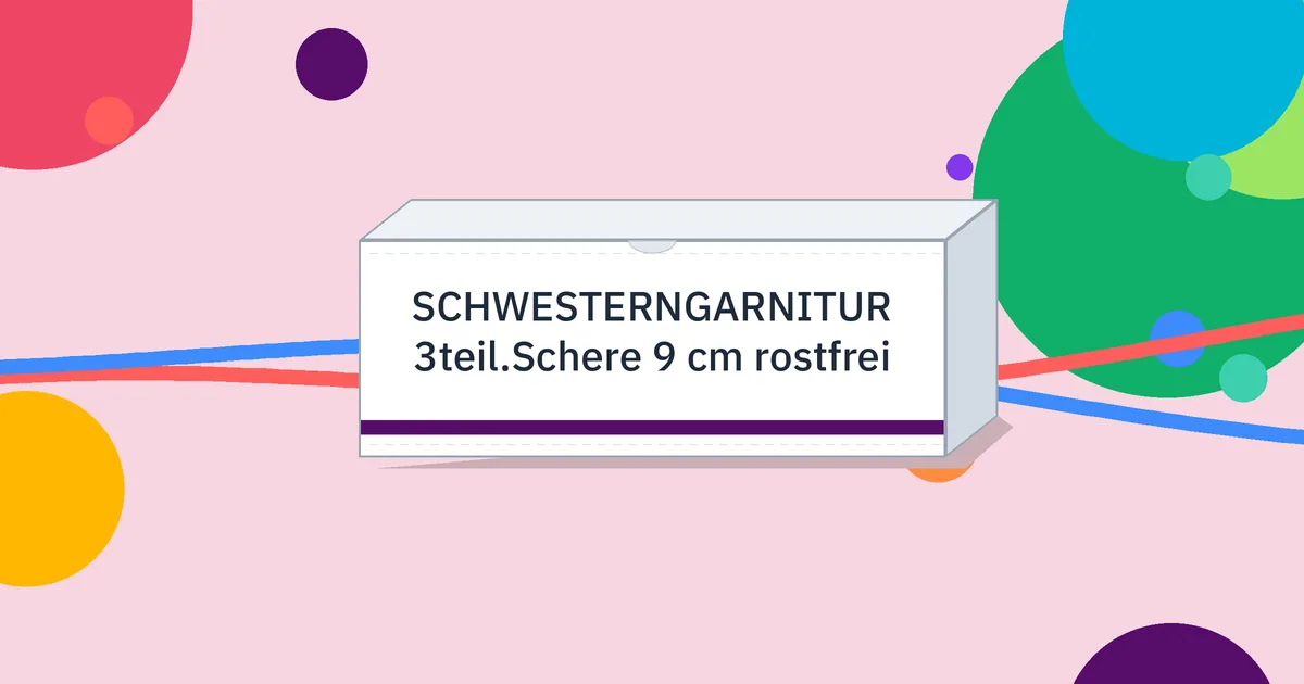 Symbolbild: Packung mit der Aufschrift SCHWESTERNGARNITUR 3teil.Schere 9 cm rostfrei (PZN 00523689) – Verfügbarkeit und Bezug in Apotheken in Frankfurt am Main