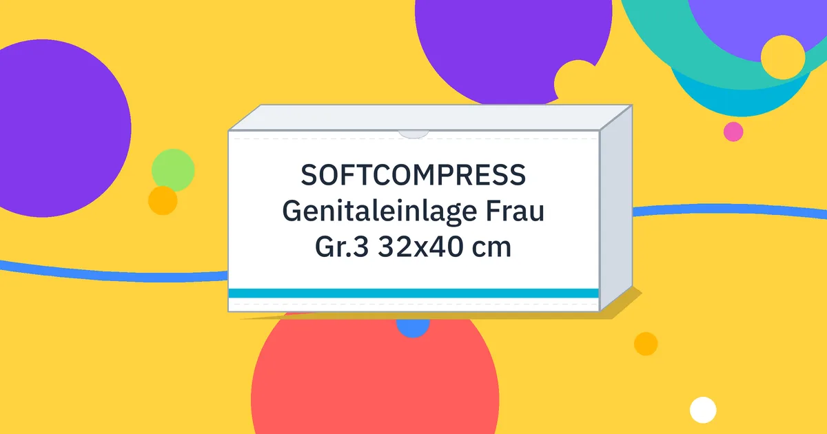 Symbolbild: Packung mit der Aufschrift SOFTCOMPRESS Genitaleinlage Frau Gr.3 32x40 cm (PZN 13506008) – Verfügbarkeit und Bezug in Apotheken in Frankfurt am Main