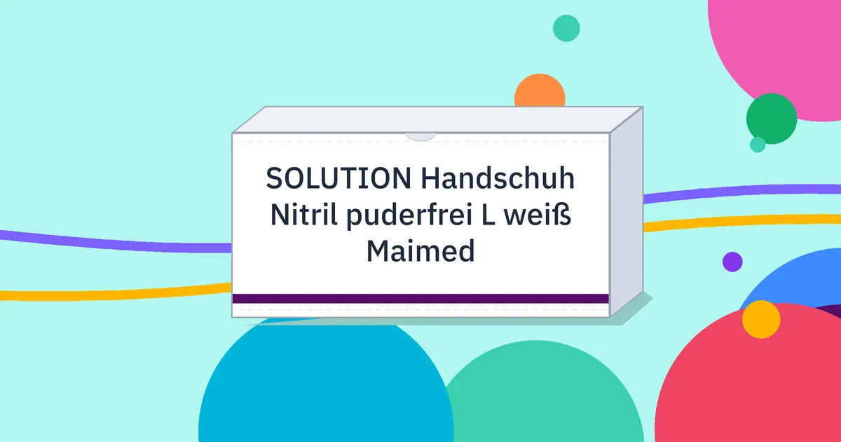Symbolbild: Packung mit der Aufschrift SOLUTION Handschuh Nitril puderfrei L weiß Maimed (PZN 09063290) – Verfügbarkeit und Bezug in Apotheken in Frankfurt am Main