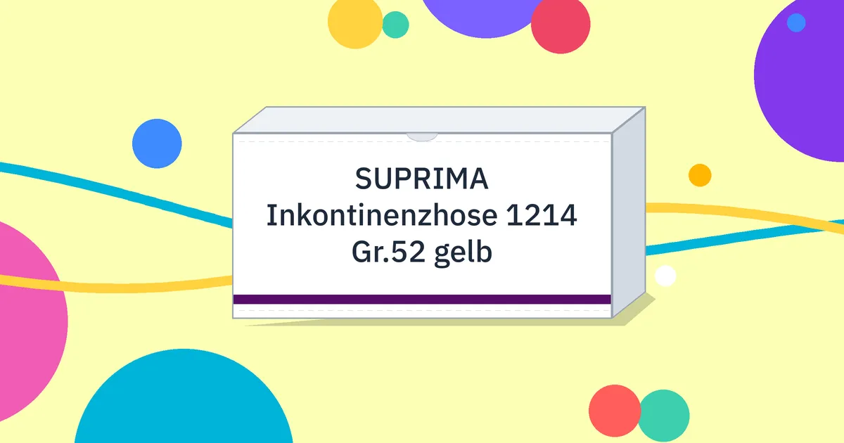 Symbolbild: Packung mit der Aufschrift SUPRIMA Inkontinenzhose 1214 Gr.52 gelb (PZN 02852150) – Verfügbarkeit und Bezug in Apotheken in Frankfurt am Main
