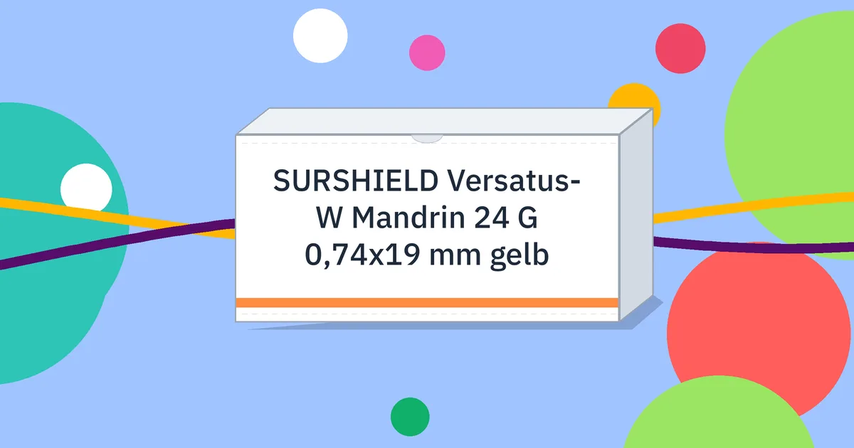 Symbolbild: Packung mit der Aufschrift SURSHIELD Versatus-W Mandrin 24 G 0,74x19 mm gelb (PZN 15739573) – Verfügbarkeit und Bezug in Apotheken in Frankfurt am Main