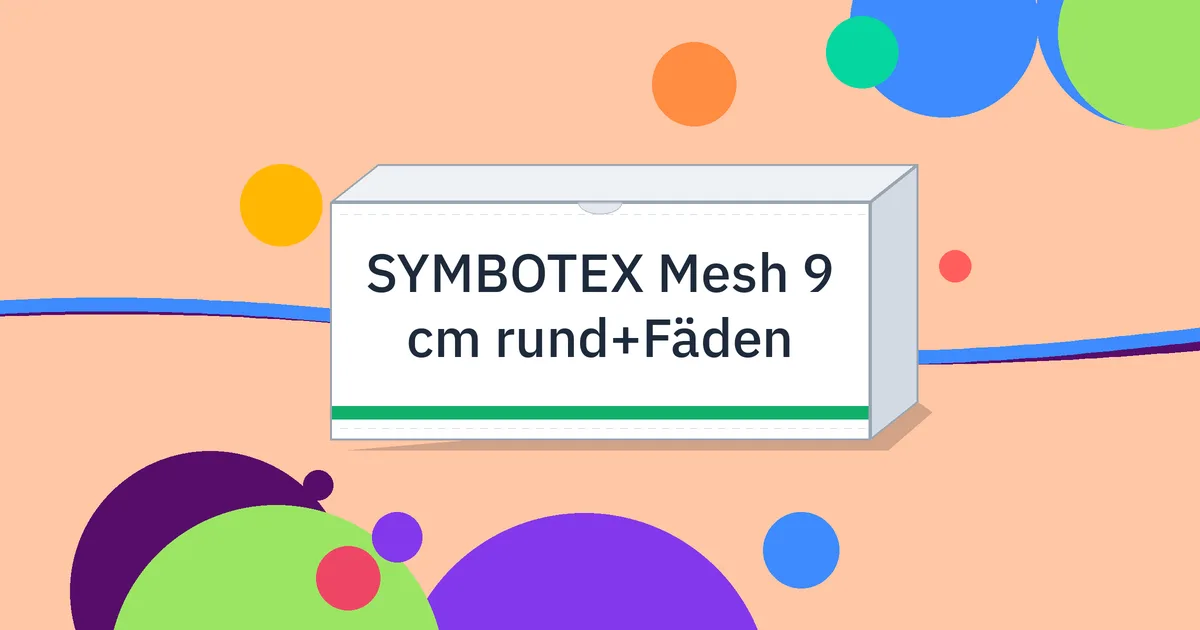 Symbolbild: Packung mit der Aufschrift SYMBOTEX Mesh 9 cm rund+Fäden (PZN 10631380) – Verfügbarkeit und Bezug in Apotheken in Frankfurt am Main