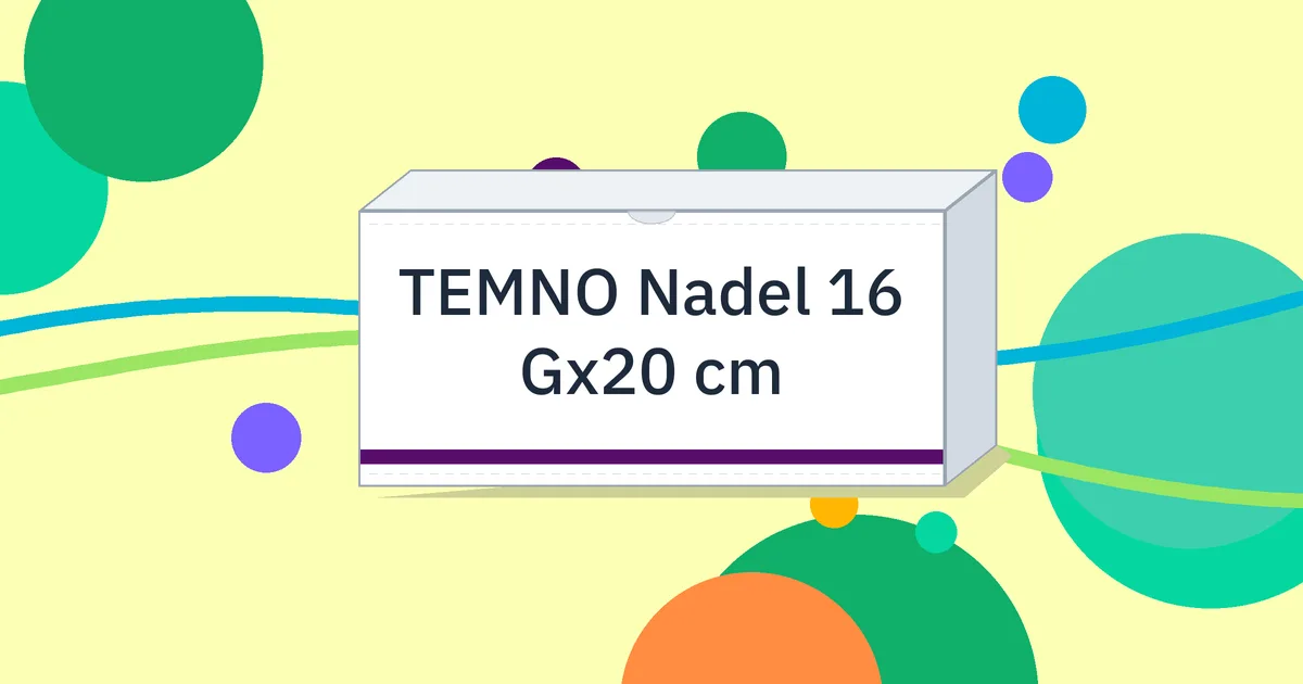 Symbolbild: Packung mit der Aufschrift TEMNO Nadel 16 Gx20 cm (PZN 18764614) – Verfügbarkeit und Bezug in Apotheken in Frankfurt am Main
