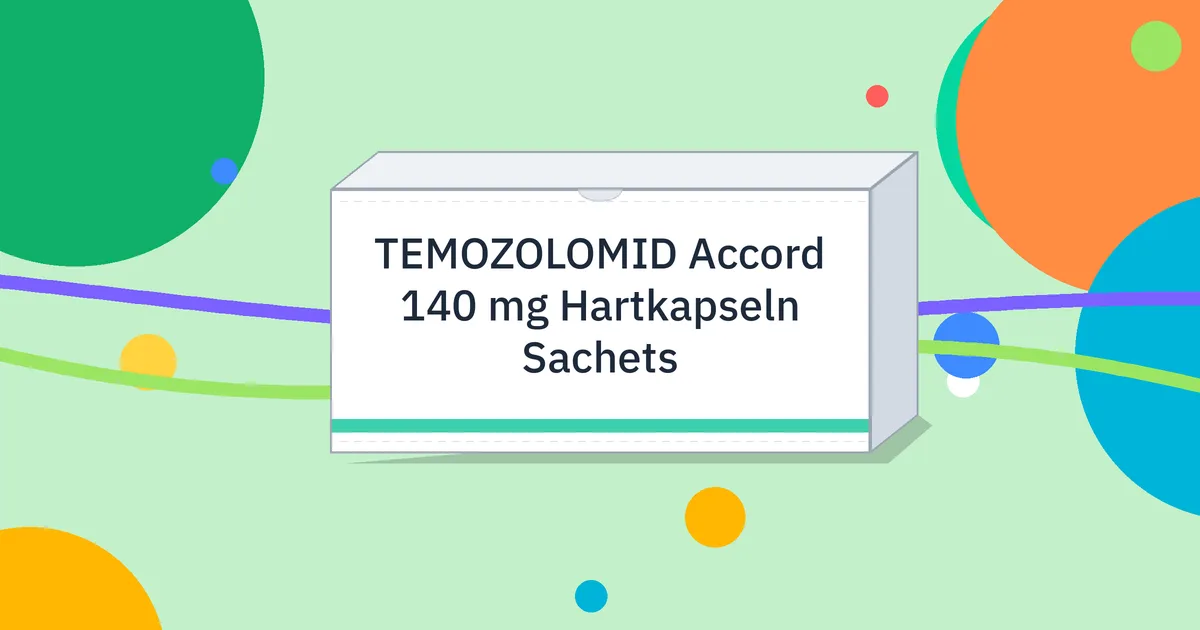 Symbolbild: Packung mit der Aufschrift TEMOZOLOMID Accord 140 mg Hartkapseln Sachets (PZN 16684549) – Verfügbarkeit und Bezug in Apotheken in Frankfurt am Main
