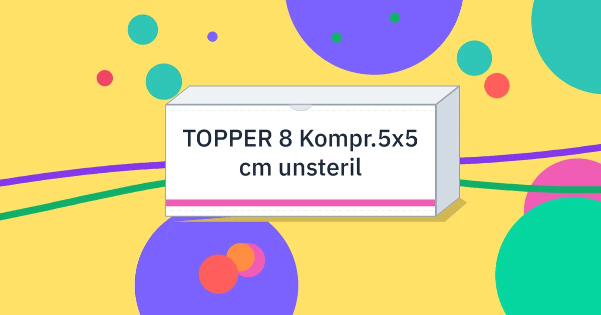 Symbolbild: Packung mit der Aufschrift TOPPER 8 Kompr.5x5 cm unsteril (PZN 03306610) – Verfügbarkeit und Bezug in Apotheken in Frankfurt am Main