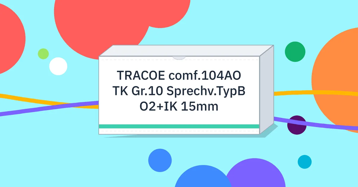 Symbolbild: Packung mit der Aufschrift TRACOE comf.104AO TK Gr.10 Sprechv.TypB O2+IK 15mm (PZN 18232722) – Verfügbarkeit und Bezug in Apotheken in Frankfurt am Main