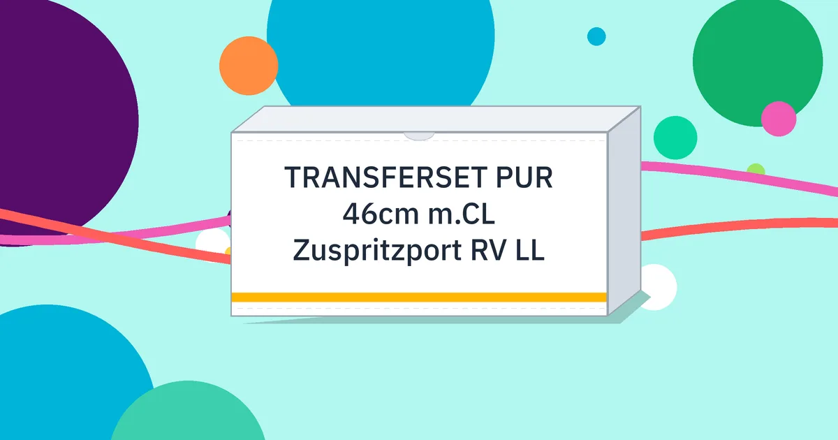 Symbolbild: Packung mit der Aufschrift TRANSFERSET PUR 46cm m.CL Zuspritzport RV LL (PZN 19443740) – Verfügbarkeit und Bezug in Apotheken in Frankfurt am Main