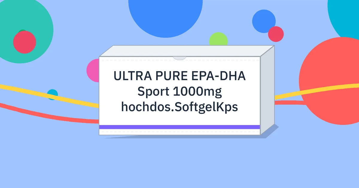 Symbolbild: Packung mit der Aufschrift ULTRA PURE EPA-DHA Sport 1000mg hochdos.SoftgelKps (PZN 19541626) – Verfügbarkeit und Bezug in Apotheken in Frankfurt am Main