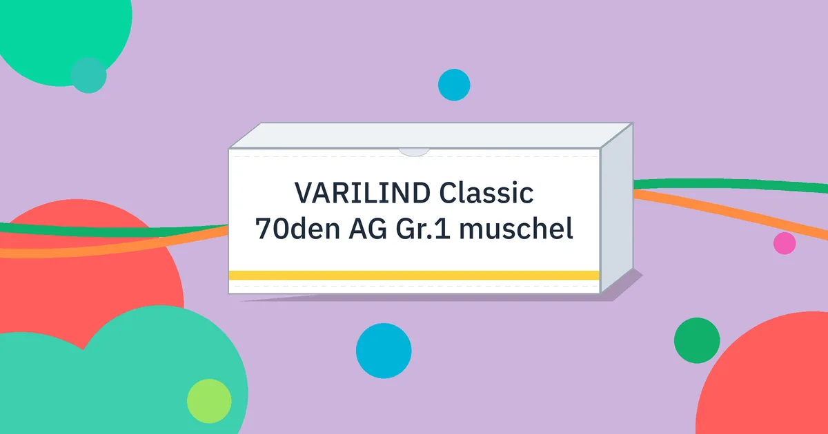 Symbolbild: Packung mit der Aufschrift VARILIND Classic 70den AG Gr.1 muschel (PZN 09521723) – Verfügbarkeit und Bezug in Apotheken in Frankfurt am Main