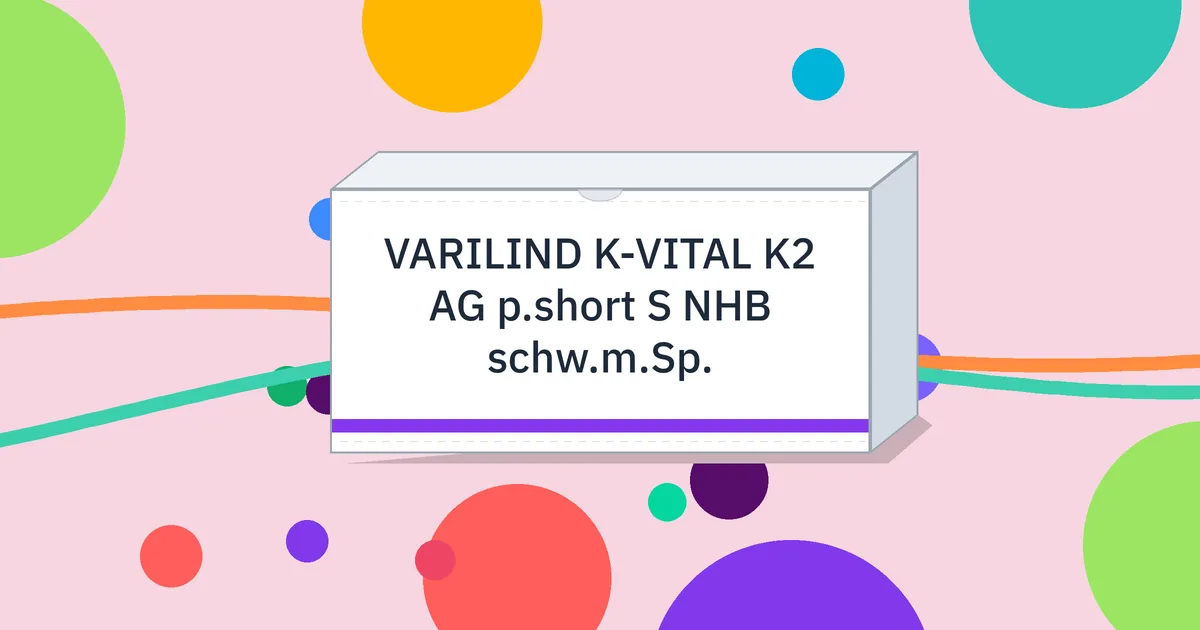 Symbolbild: Packung mit der Aufschrift VARILIND K-VITAL K2 AG p.short S NHB schw.m.Sp. (PZN 20565106) – Verfügbarkeit und Bezug in Apotheken in Frankfurt am Main