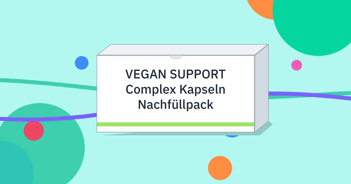 Symbolbild: Packung mit der Aufschrift VEGAN SUPPORT Complex Kapseln Nachfüllpack (PZN 16923741) – Verfügbarkeit und Bezug in Apotheken in Frankfurt am Main