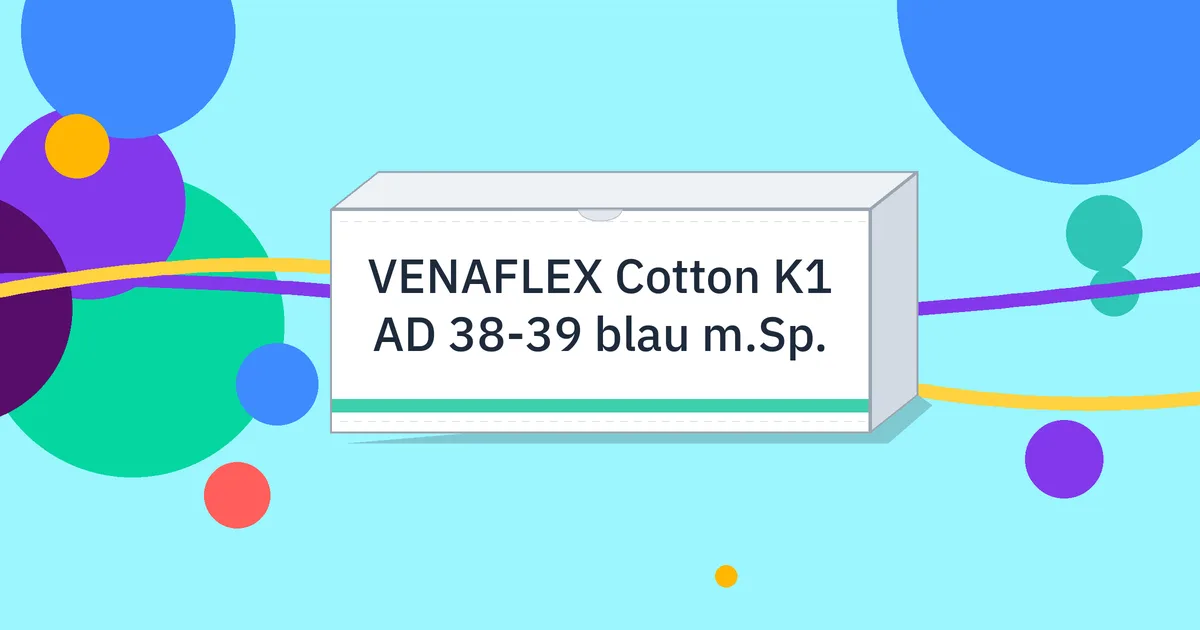 Symbolbild: Packung mit der Aufschrift VENAFLEX Cotton K1 AD 38-39 blau m.Sp. (PZN 18309057) – Verfügbarkeit und Bezug in Apotheken in Frankfurt am Main