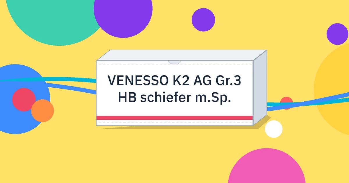 Symbolbild: Packung mit der Aufschrift VENESSO K2 AG Gr.3 HB schiefer m.Sp. (PZN 03263800) – Verfügbarkeit und Bezug in Apotheken in Frankfurt am Main