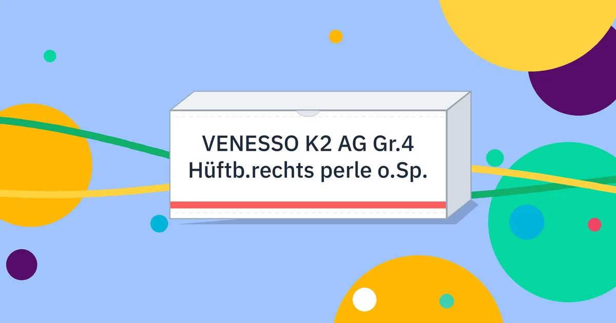 Symbolbild: Packung mit der Aufschrift VENESSO K2 AG Gr.4 Hüftb.rechts perle o.Sp. (PZN 03271923) – Verfügbarkeit und Bezug in Apotheken in Frankfurt am Main