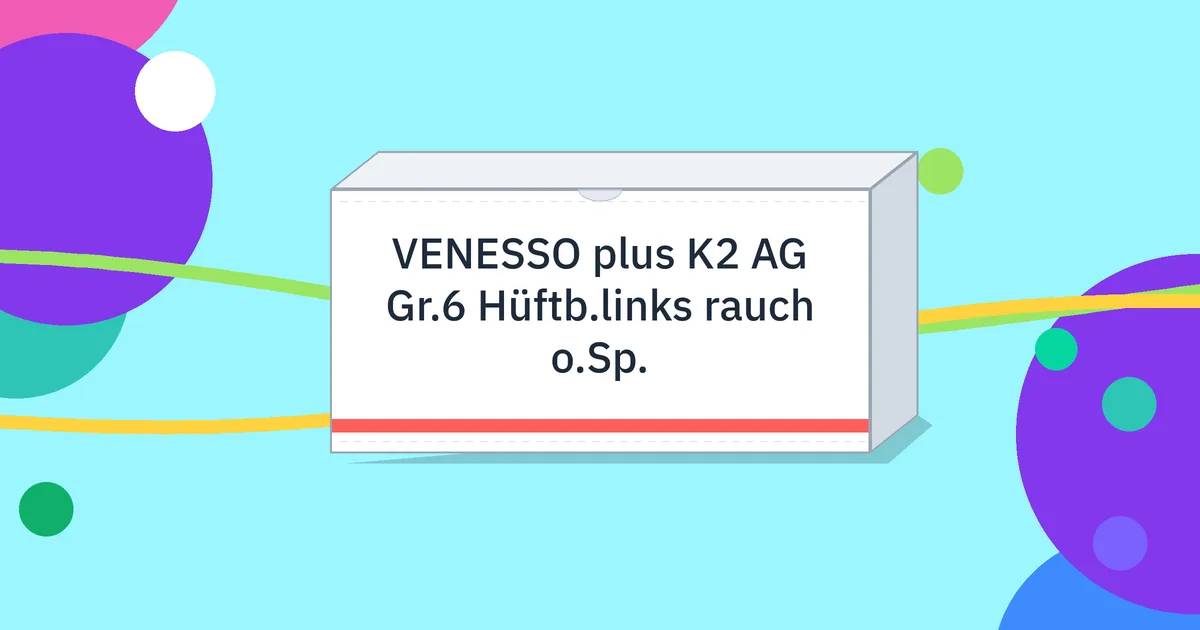 Symbolbild: Packung mit der Aufschrift VENESSO plus K2 AG Gr.6 Hüftb.links rauch o.Sp. (PZN 03300984) – Verfügbarkeit und Bezug in Apotheken in Frankfurt am Main