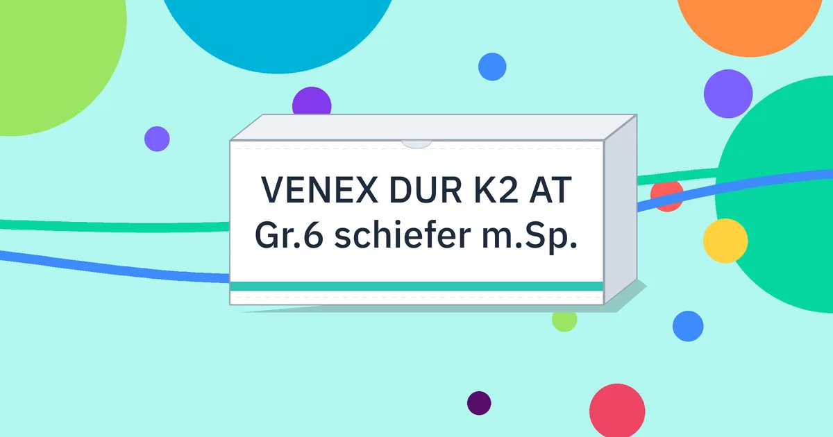 Symbolbild: Packung mit der Aufschrift VENEX DUR K2 AT Gr.6 schiefer m.Sp. (PZN 03222072) – Verfügbarkeit und Bezug in Apotheken in Frankfurt am Main