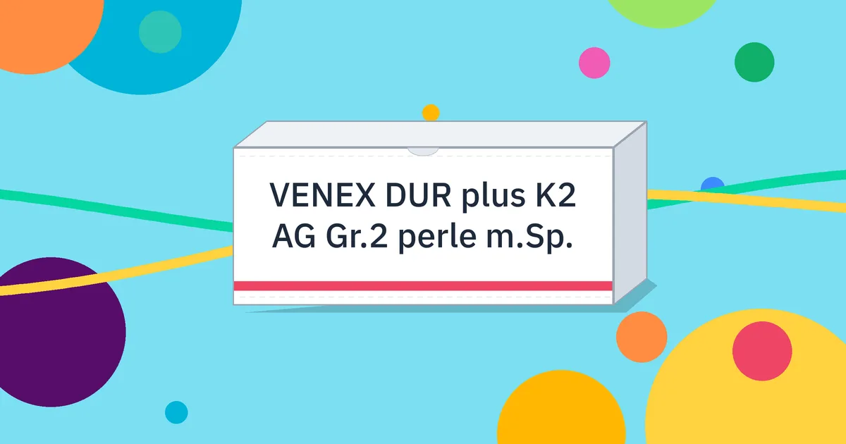 Symbolbild: Packung mit der Aufschrift VENEX DUR plus K2 AG Gr.2 perle m.Sp. (PZN 03234916) – Verfügbarkeit und Bezug in Apotheken in Frankfurt am Main