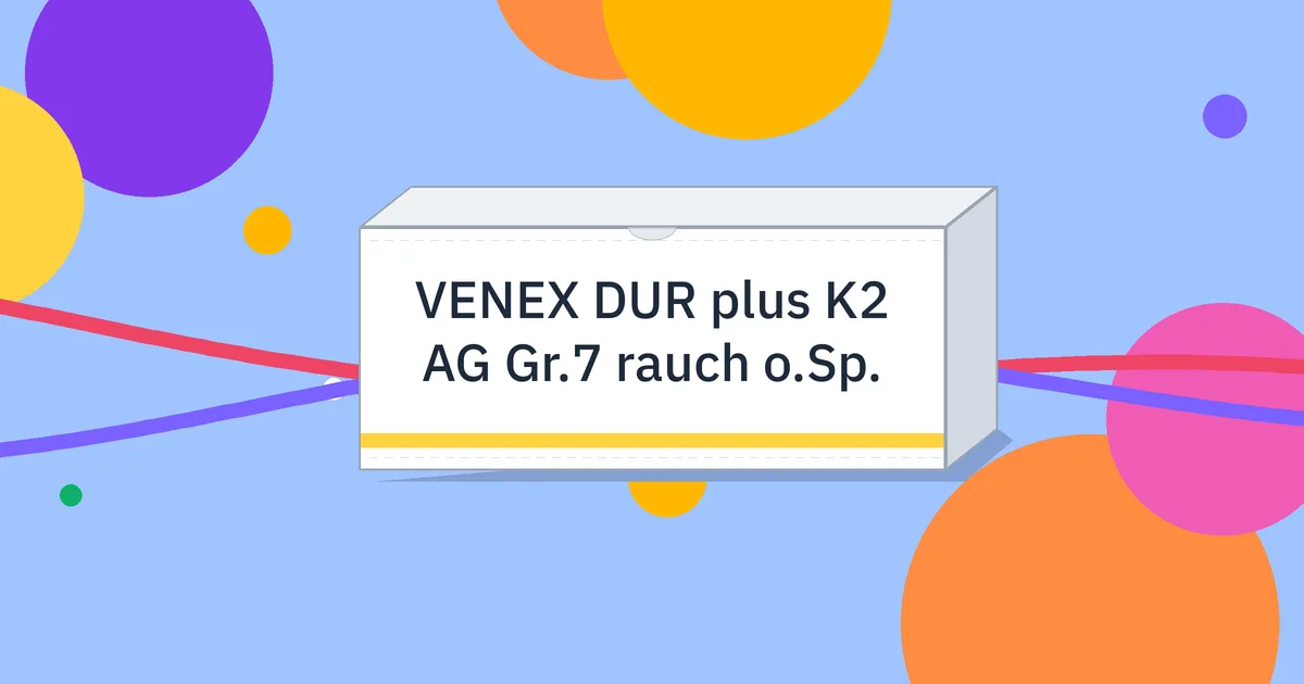 Symbolbild: Packung mit der Aufschrift VENEX DUR plus K2 AG Gr.7 rauch o.Sp. (PZN 03235784) – Verfügbarkeit und Bezug in Apotheken in Frankfurt am Main