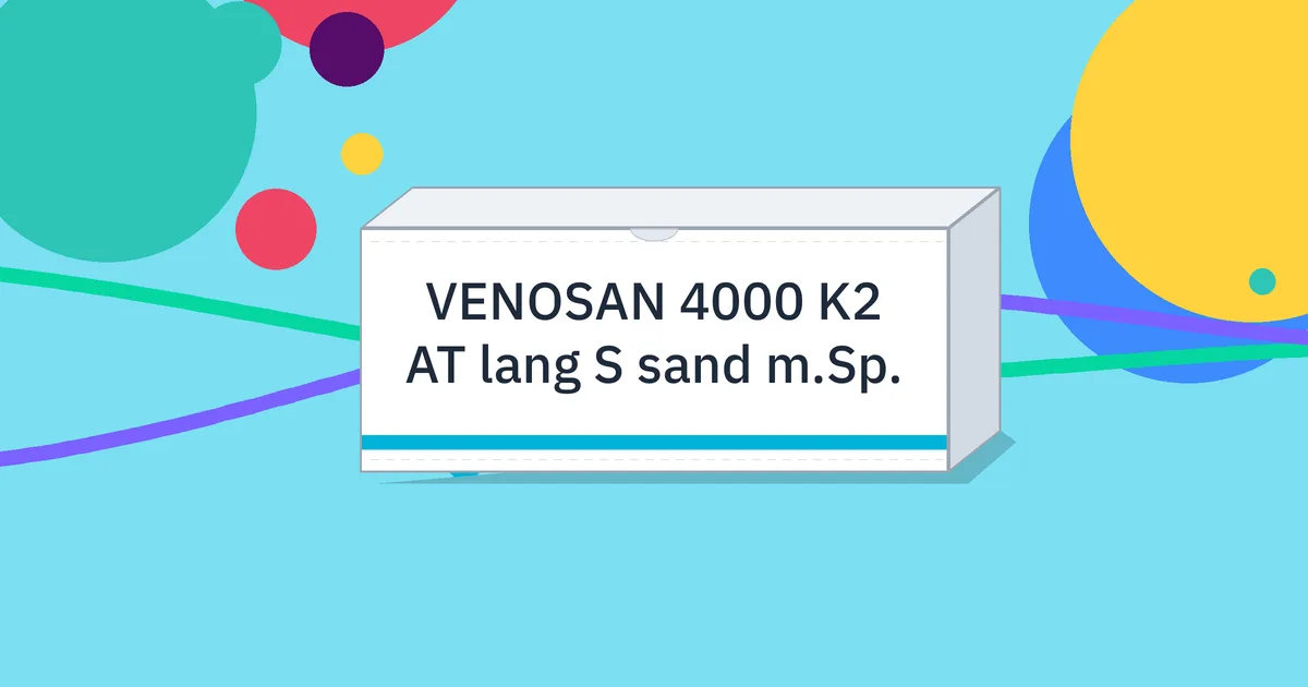 Symbolbild: Packung mit der Aufschrift VENOSAN 4000 K2 AT lang S sand m.Sp. (PZN 14422503) – Verfügbarkeit und Bezug in Apotheken in Frankfurt am Main