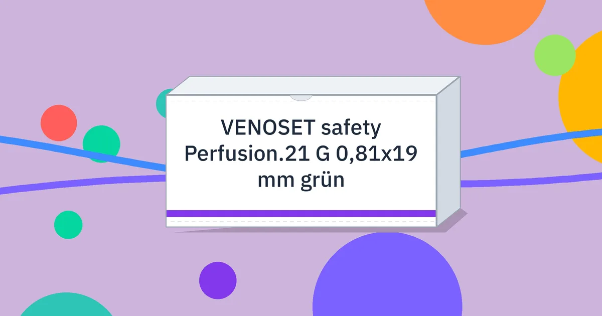Symbolbild: Packung mit der Aufschrift VENOSET safety Perfusion.21 G 0,81x19 mm grün (PZN 13846968) – Verfügbarkeit und Bezug in Apotheken in Frankfurt am Main