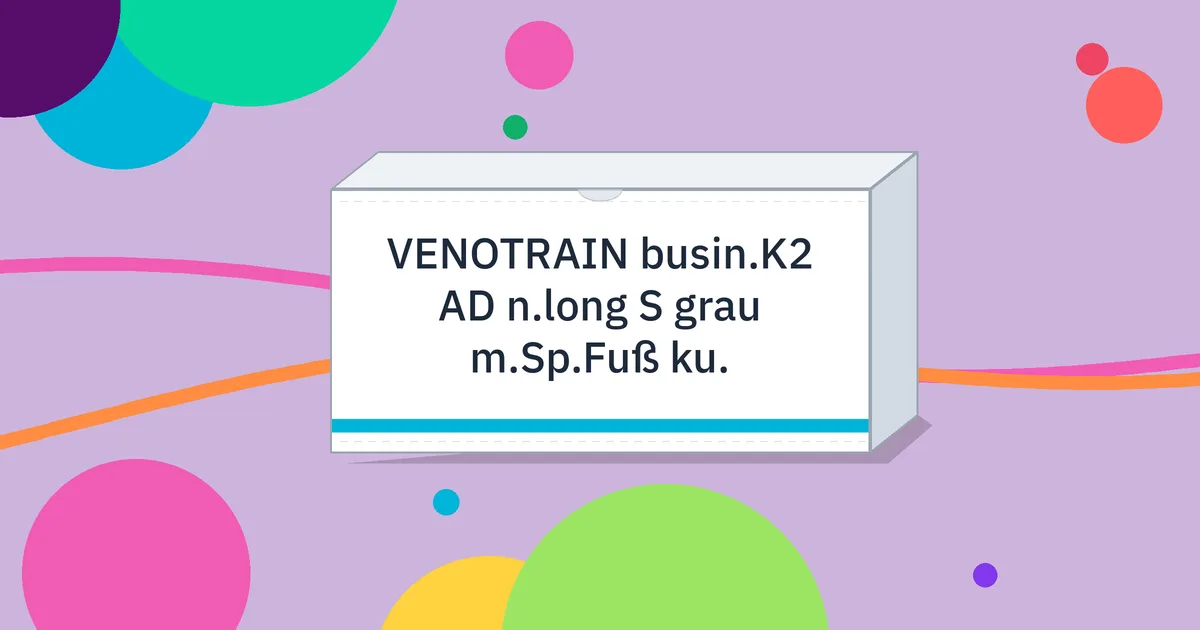 Symbolbild: Packung mit der Aufschrift VENOTRAIN busin.K2 AD n.long S grau m.Sp.Fuß ku. (PZN 19057586) – Verfügbarkeit und Bezug in Apotheken in Frankfurt am Main