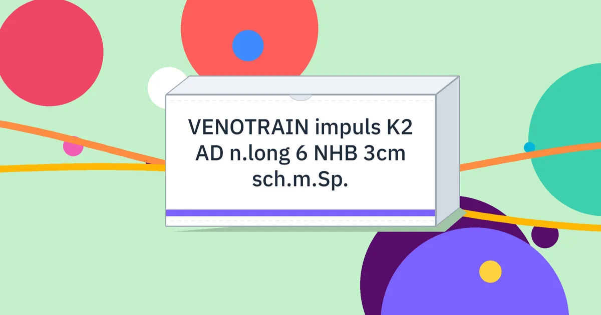 Symbolbild: Packung mit der Aufschrift VENOTRAIN impuls K2 AD n.long 6 NHB 3cm sch.m.Sp. (PZN 00651565) – Verfügbarkeit und Bezug in Apotheken in Frankfurt am Main
