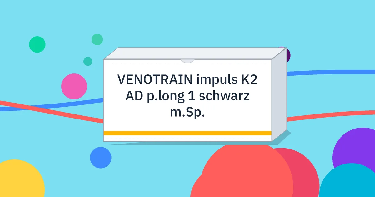 Symbolbild: Packung mit der Aufschrift VENOTRAIN impuls K2 AD p.long 1 schwarz m.Sp. (PZN 00621239) – Verfügbarkeit und Bezug in Apotheken in Frankfurt am Main