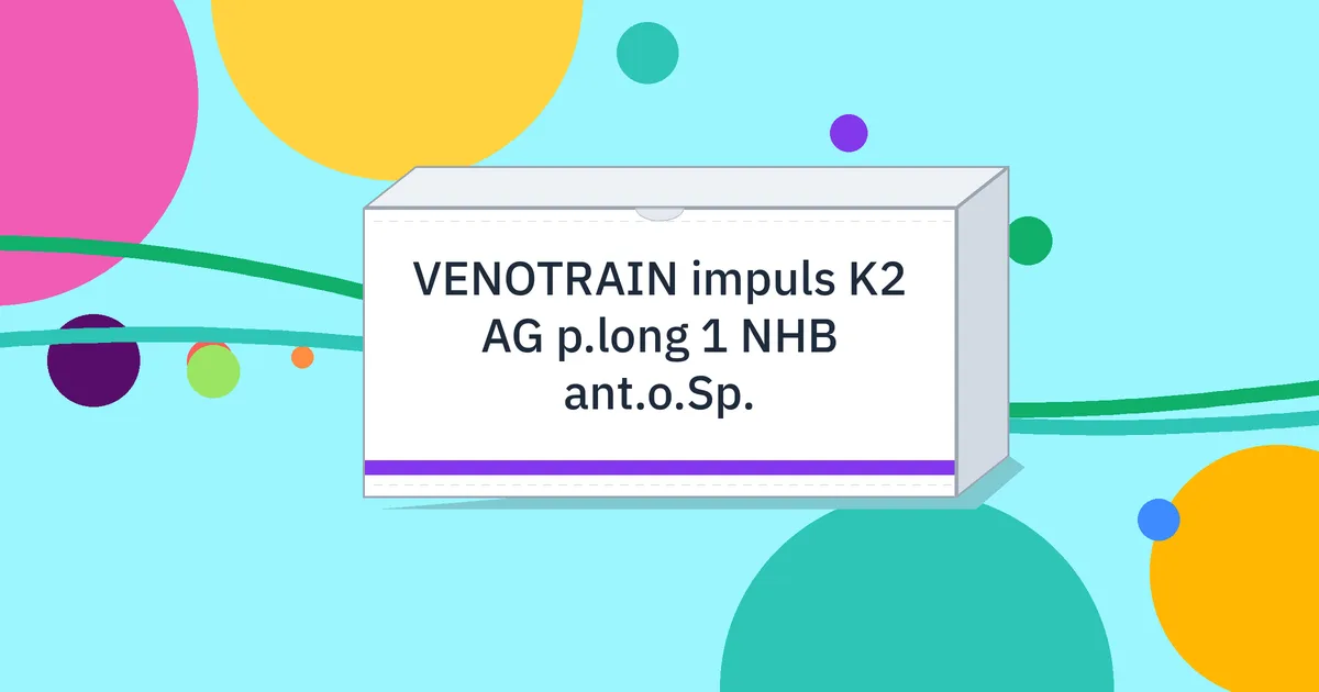 Symbolbild: Packung mit der Aufschrift VENOTRAIN impuls K2 AG p.long 1 NHB ant.o.Sp. (PZN 15215120) – Verfügbarkeit und Bezug in Apotheken in Frankfurt am Main
