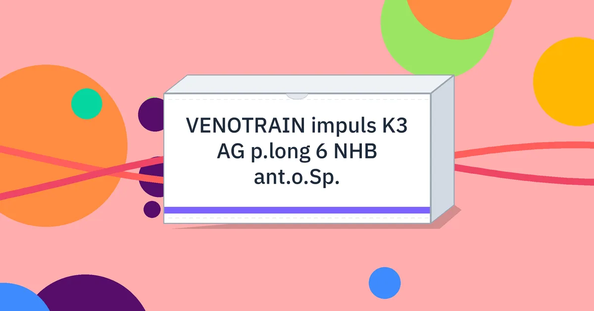 Symbolbild: Packung mit der Aufschrift VENOTRAIN impuls K3 AG p.long 6 NHB ant.o.Sp. (PZN 15216361) – Verfügbarkeit und Bezug in Apotheken in Frankfurt am Main
