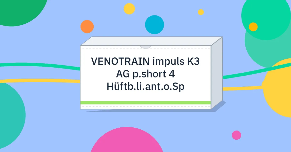 Symbolbild: Packung mit der Aufschrift VENOTRAIN impuls K3 AG p.short 4 Hüftb.li.ant.o.Sp (PZN 15220931) – Verfügbarkeit und Bezug in Apotheken in Frankfurt am Main
