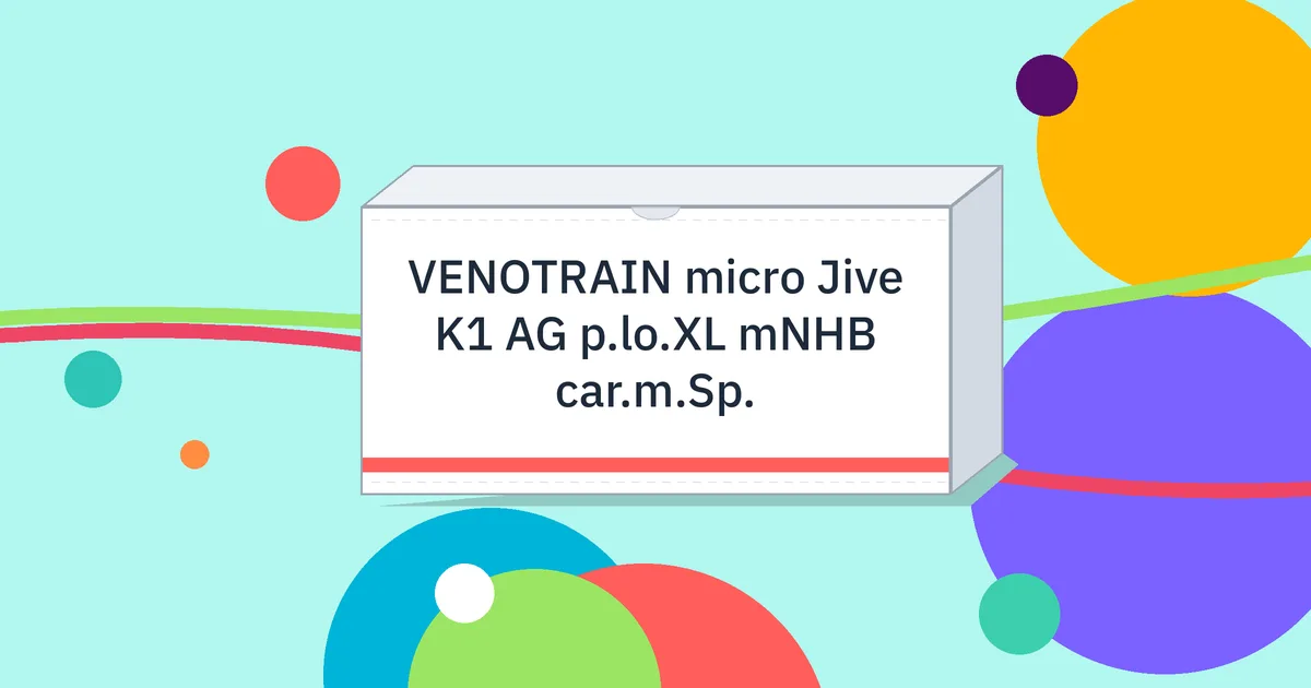 Symbolbild: Packung mit der Aufschrift VENOTRAIN micro Jive K1 AG p.lo.XL mNHB car.m.Sp. (PZN 17758793) – Verfügbarkeit und Bezug in Apotheken in Frankfurt am Main
