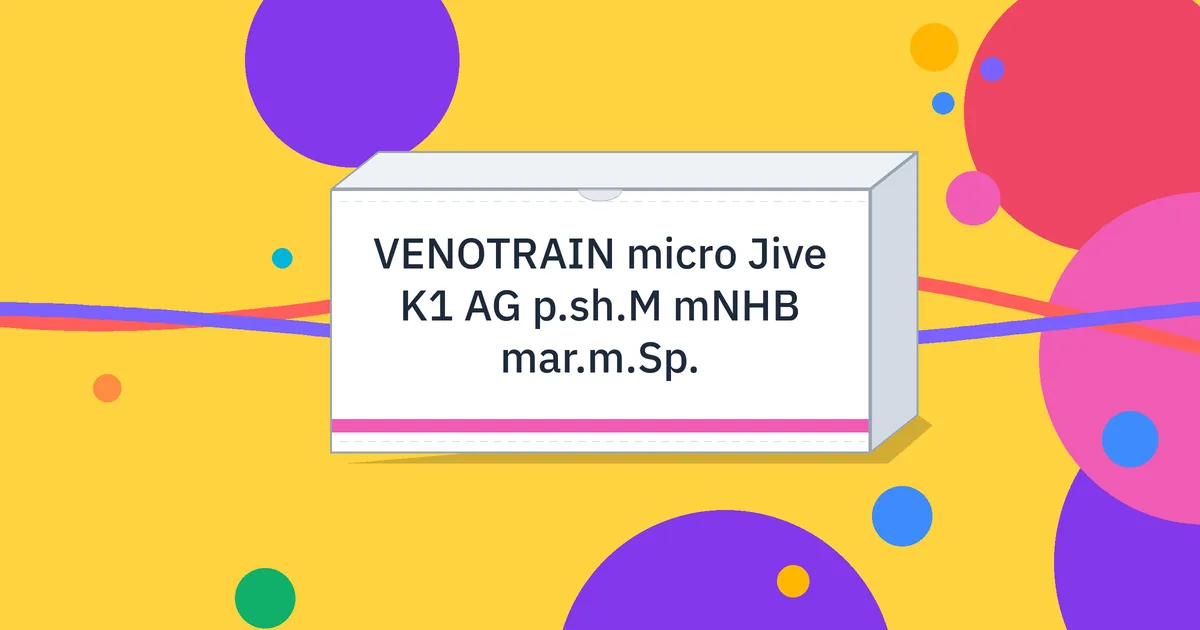 Symbolbild: Packung mit der Aufschrift VENOTRAIN micro Jive K1 AG p.sh.M mNHB mar.m.Sp. (PZN 17761878) – Verfügbarkeit und Bezug in Apotheken in Frankfurt am Main