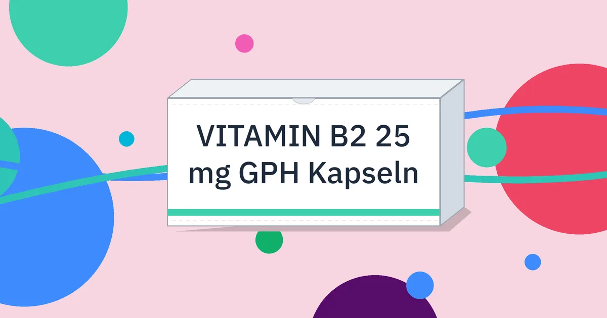 Symbolbild: Packung mit der Aufschrift VITAMIN B2 25 mg GPH Kapseln (PZN 16571153) – Verfügbarkeit und Bezug in Apotheken in Frankfurt am Main
