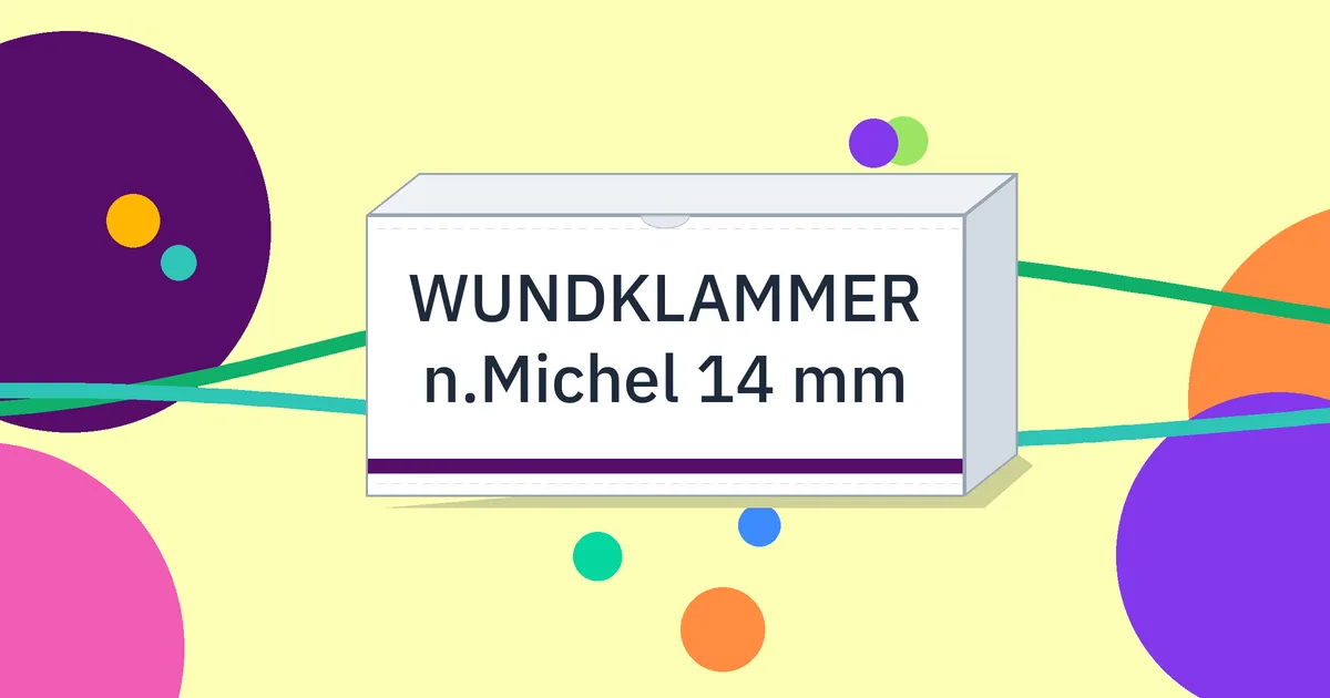 Symbolbild: Packung mit der Aufschrift WUNDKLAMMER n.Michel 14 mm (PZN 01741106) – Verfügbarkeit und Bezug in Apotheken in Frankfurt am Main