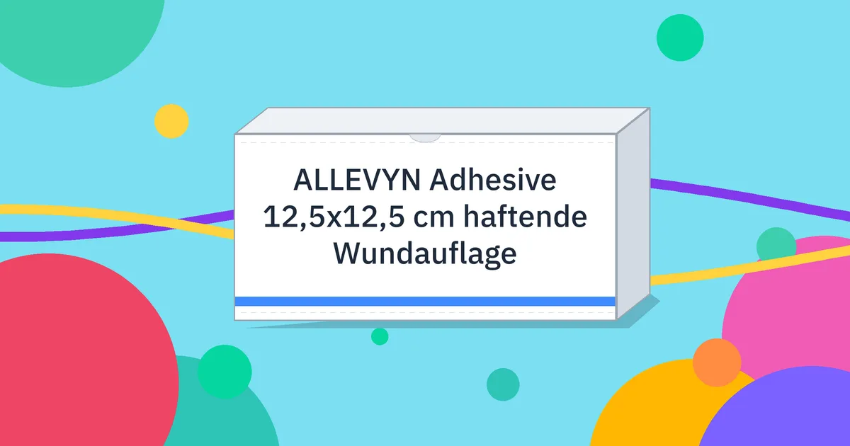 Symbolbild: Packung mit der Aufschrift ALLEVYN Adhesive 12,5x12,5 cm haftende Wundauflage (PZN 07388869) – Verfügbarkeit und Bezug in Apotheken in Frankfurt am Main